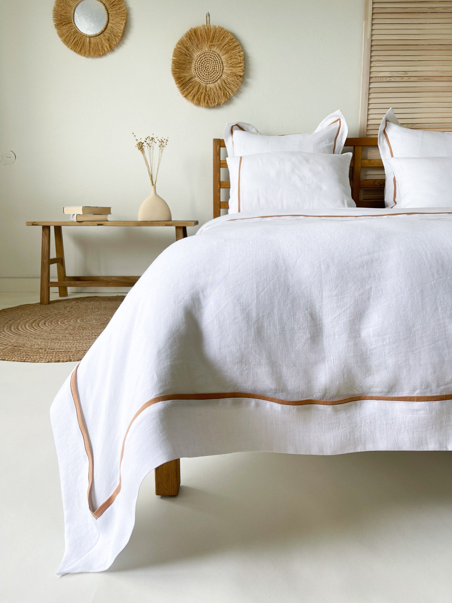 White Washed Linen Bedding Set with Tan Trim | Linen Notes