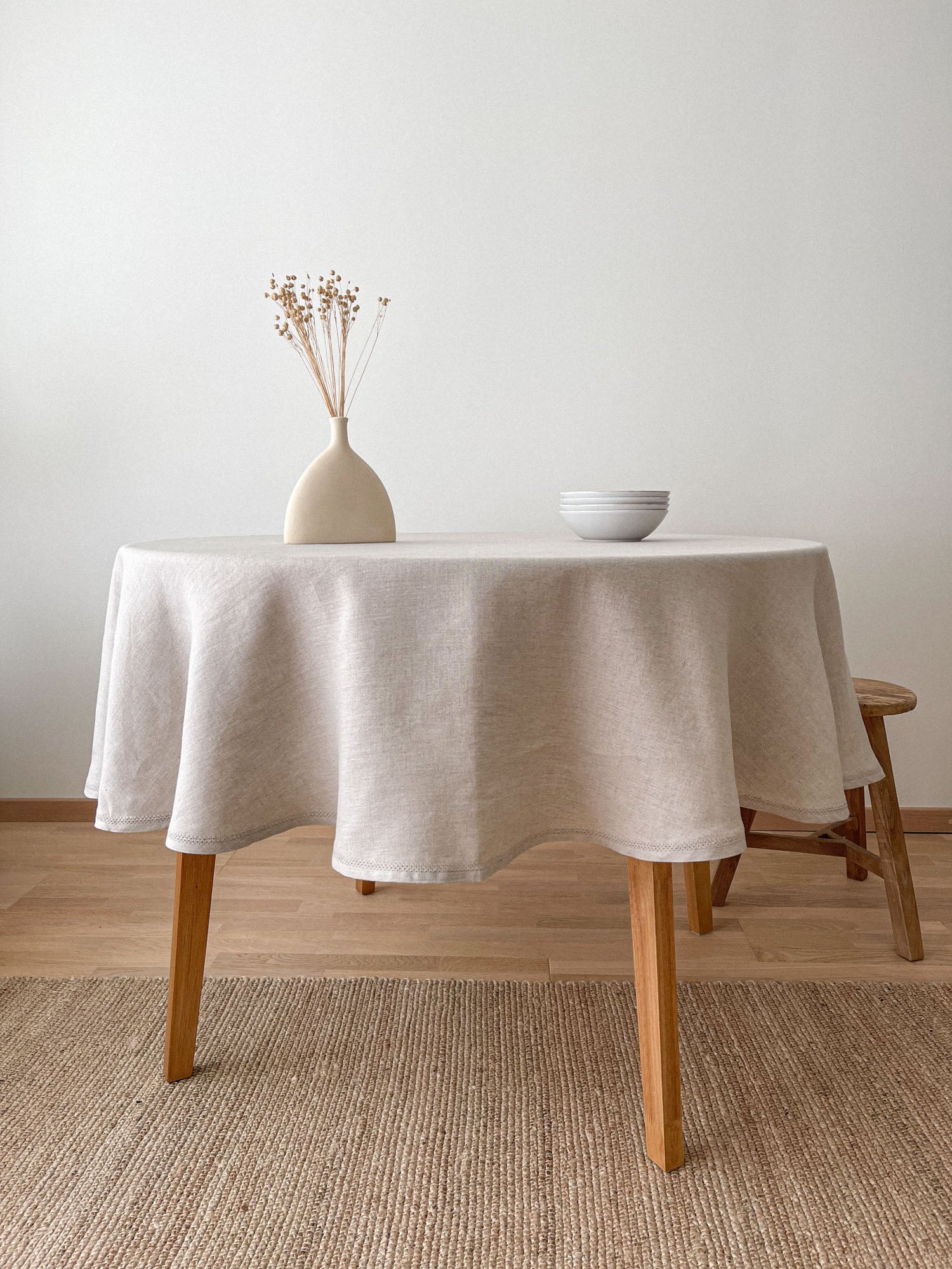 Beige Natural Flax Round Linen Tablecloth | Handmade & Luxurious ...