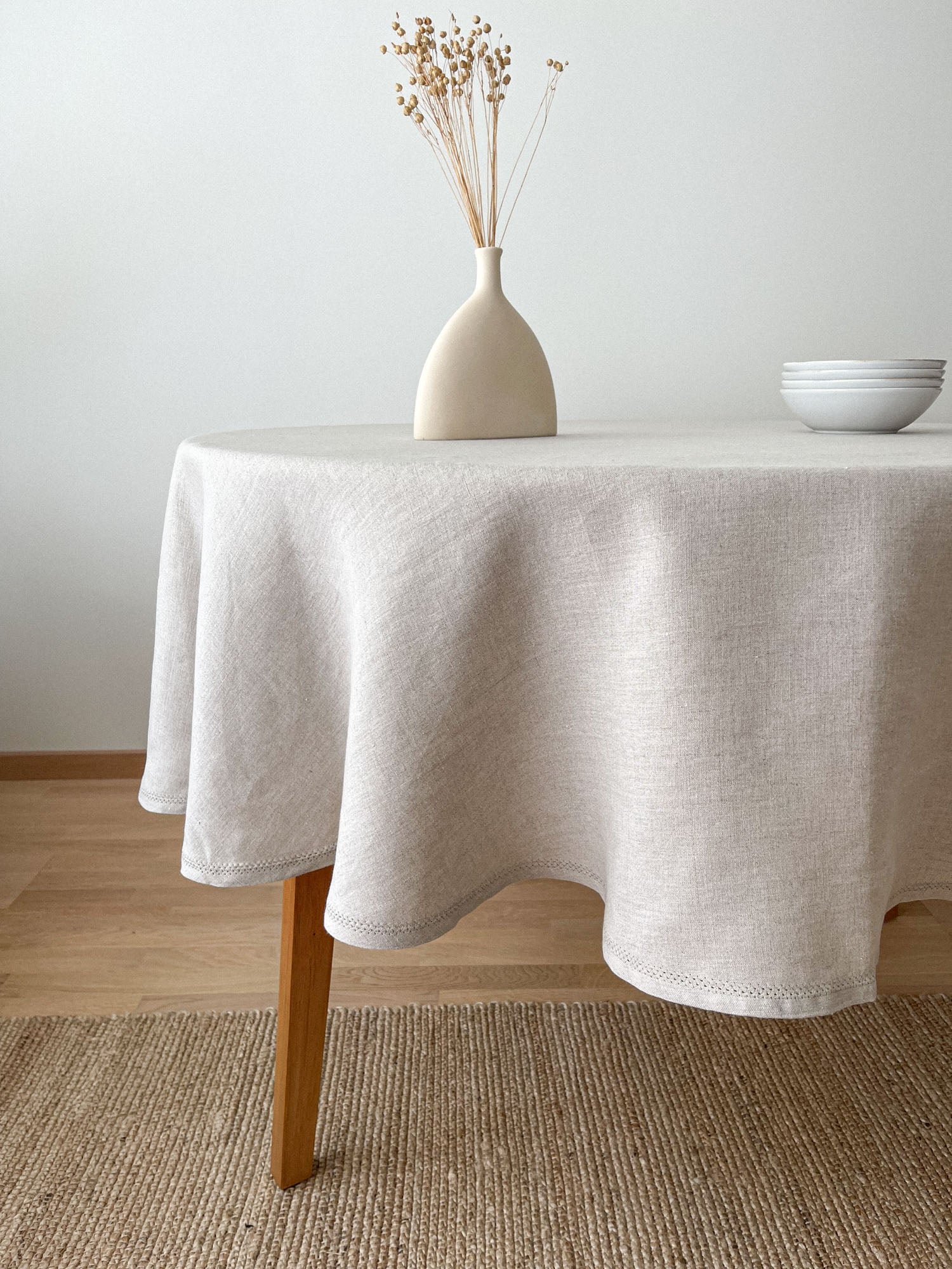 Beige Natural Flax Round Linen Tablecloth | Handmade & Luxurious ...