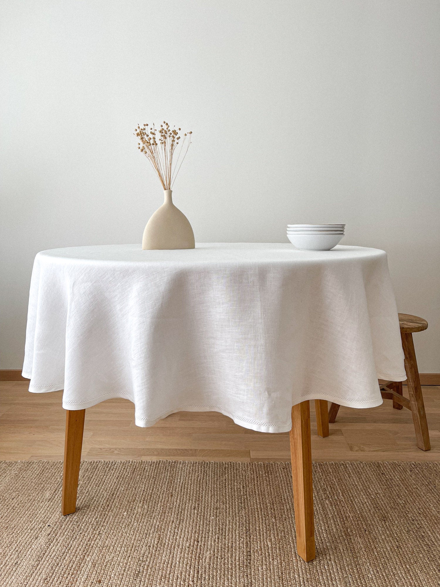 Off-White Round Linen Tablecloth with Hemstitch – Linen Notes