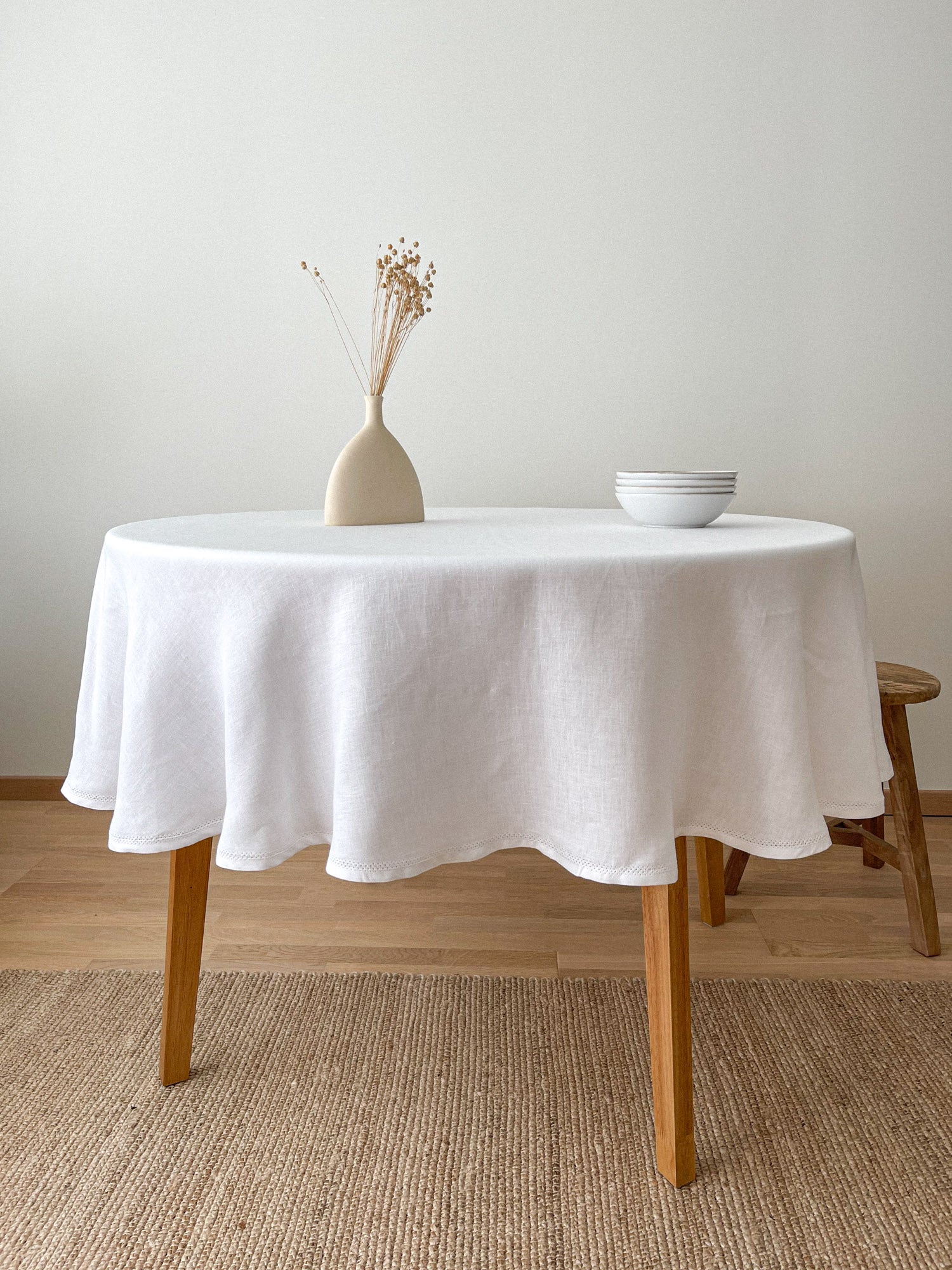White Round Linen Tablecloth with Hemstitch | Graceful Design – Linen Notes