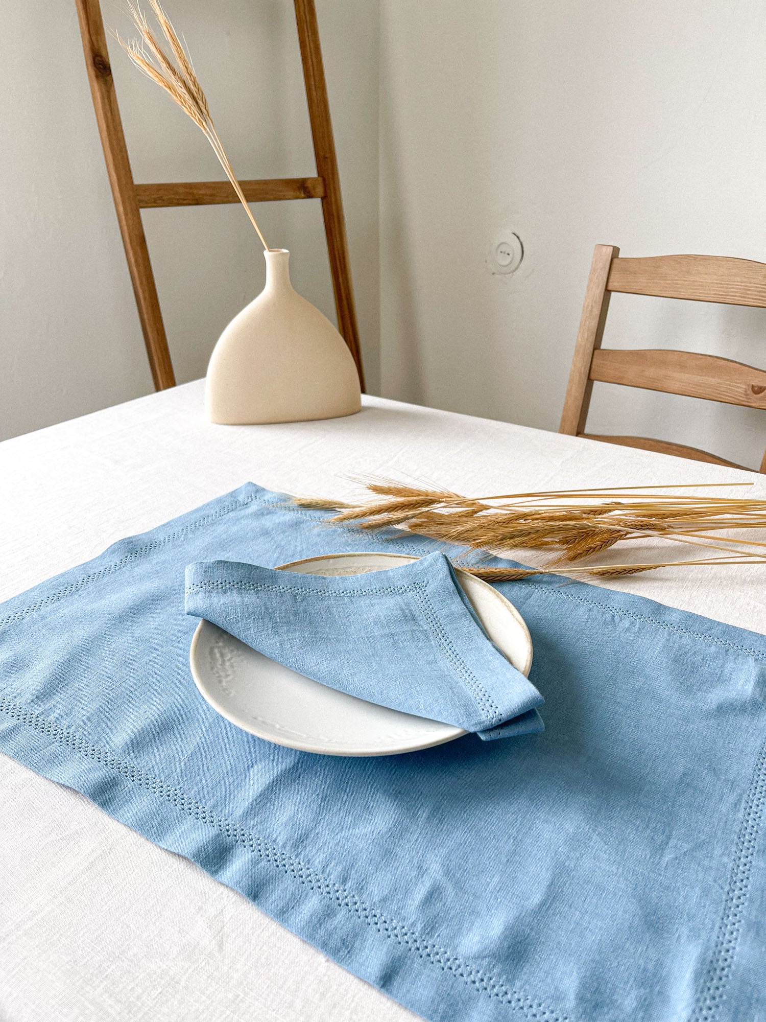 Light Blue Hemstitch Linen Napkins – Fresh & Handmade – Linen Notes