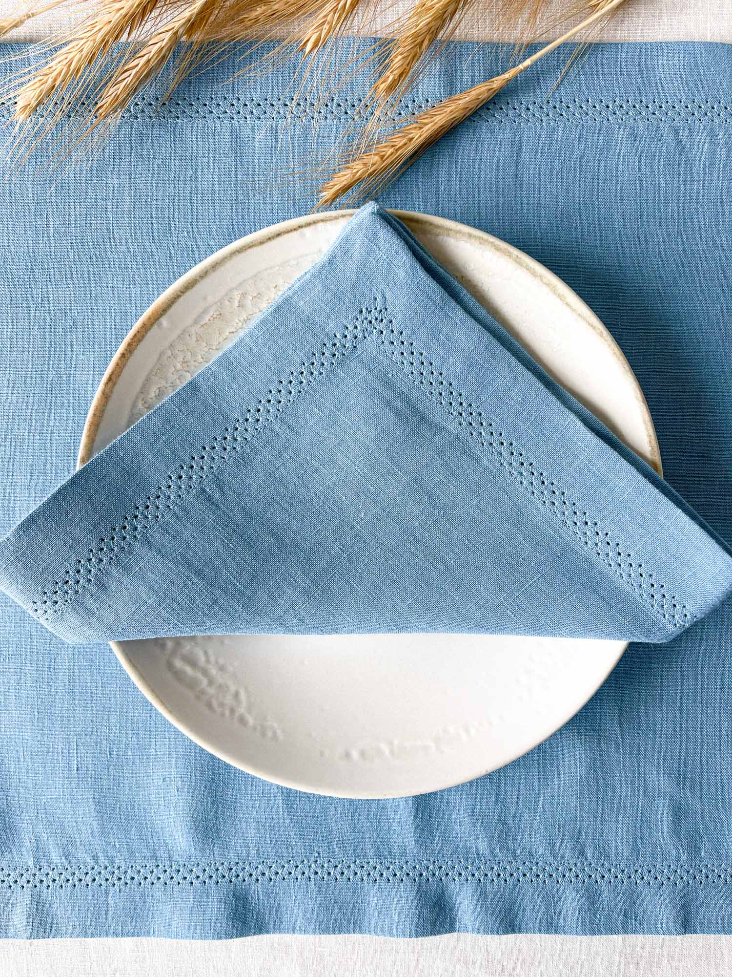 Light Blue Hemstitch Linen Napkins – Fresh & Handmade – Linen Notes